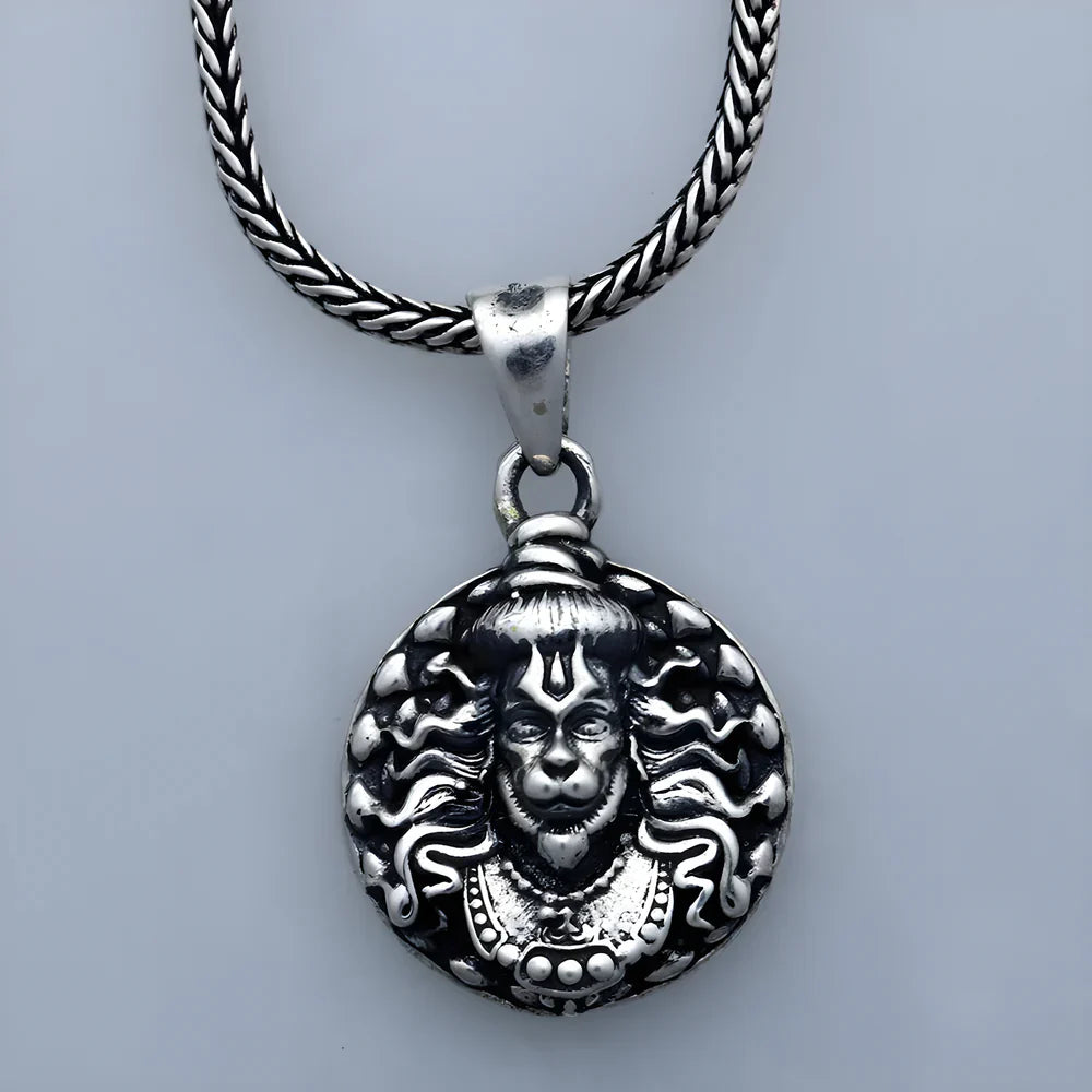 Antique Silver Hanuman Face Locket with Chain for Men and Women ...
